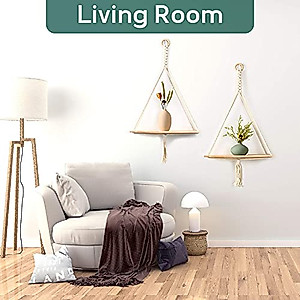Easever Macrame Hanging Shelf, 2 Pack Wood Shelves Plant Hangers for Wall Window, Boho Shelves Wall Hanging Decor for Living Room Bedroom Bathroom Farmhouse
