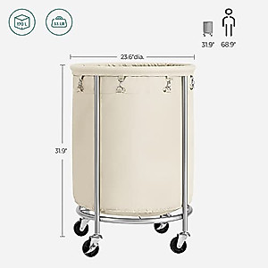 SONGMICS Laundry Basket with Wheels, Rolling Laundry Hamper, Round Laundry Cart with Steel Frame and Removable Bag, 4 Casters and 2 Brakes, Cream and Silver URLS01MZ