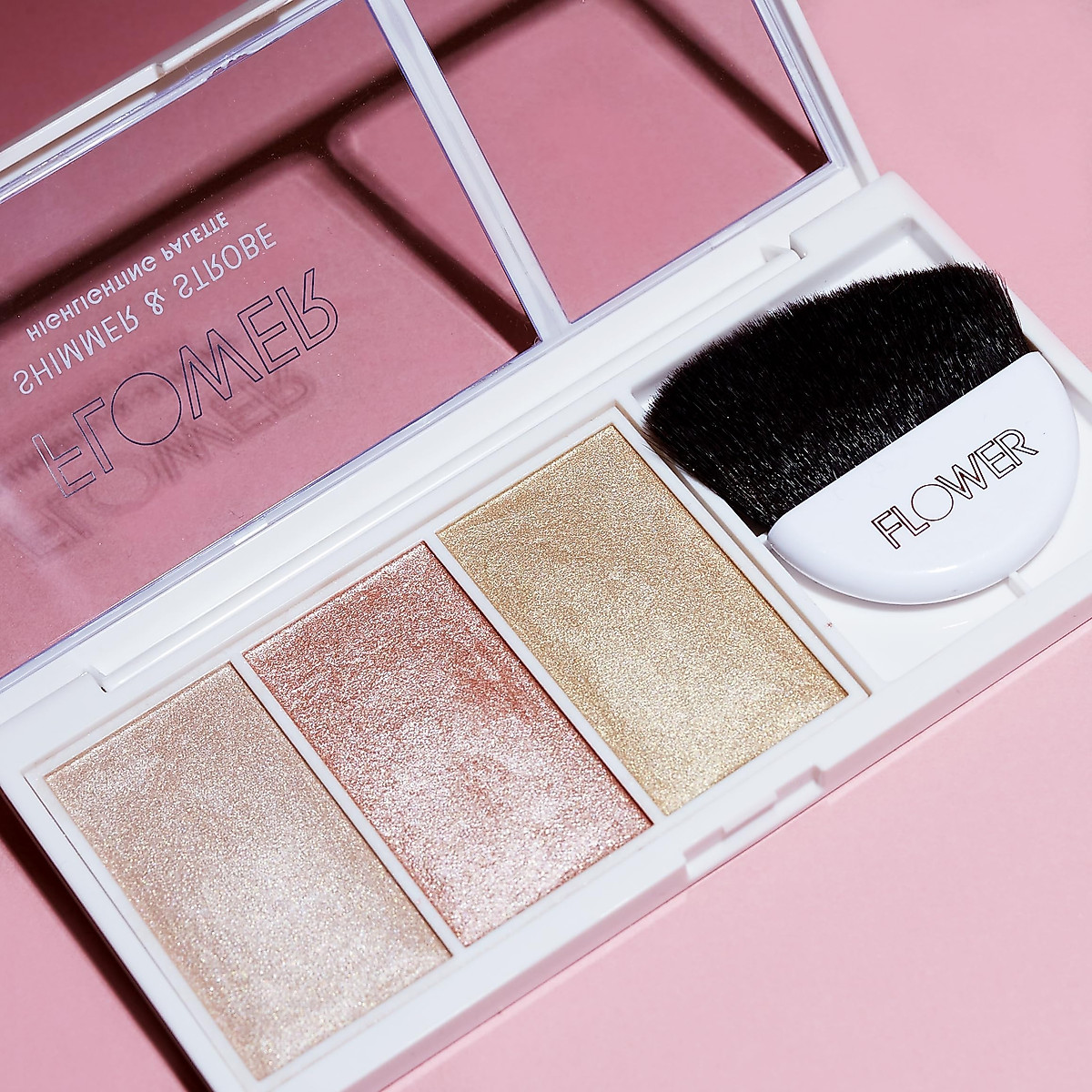 FLOWER Beauty By Drew Barrymore Shimmer + Strobe Highlighting Palette - Glowing Bronzer Powder Kit For Face + Blendable Coverage - Skintones + 3 Enhancing Colors (Strobe Brush) Included - Champagne Shimmer