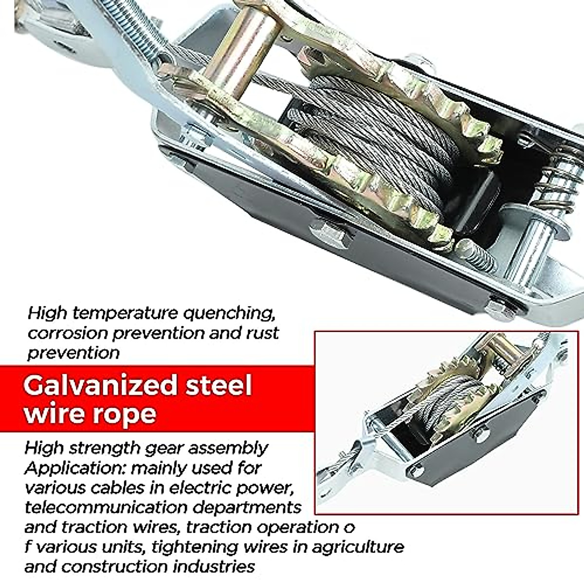 1 Ton Heavy Duty 2 Hook Steel Cable Dual Gear Power Ratchet Come Along Puller Tool,Automotive Hoist Cable Puller,Hoist Winch Cable Stretcher Lift