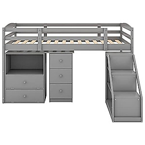 ERDAYE Twin Size Wooden Loft Bed Frame with Multifunctional Movable Built-in Desk, 5 Drawers and Staircase Bring Storage Shelf for Bedroom Guest Room Furniture, Gray