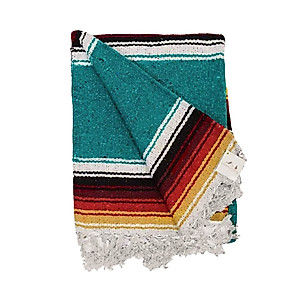 Open Road Goods Teal/Turquoise Diamond Mexican Yoga Blanket, Thick Serape with Red and Yellow Sunset Stripes - Handmade