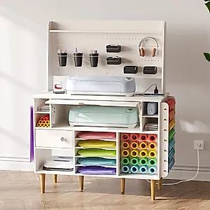 𝐂𝐫𝐚𝐟𝐢𝐭 Craft Table for Cricut Machines, Organizers and Storage Cabinet with USB Ports and Outlets, Crafting Desk Vinyl Roll Holder Tool Accessories Organization with Storage and Pegboard