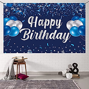Trgowaul Happy Birthday Banner Backdrop, Blue and Silver Birthday Party Decorations, Birthday Party Supplies Men Women, Birthday Gifts Photo Background Banner Decor Girls Boys Kids Outdoor Indoor
