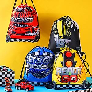 Ferraycle 16 Pcs Race Car Birthday Party Supplies Race Car Favor Bags Race Car Drawstring Bags Goodie Bags for Gifts, 4 Styles