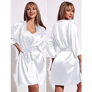 Ekouaer Women's Satin Robe Set Lace Sexy Lingerie Robe Wedding Nightgown 2pcs Cami Bride Party Silk Pajamas Set