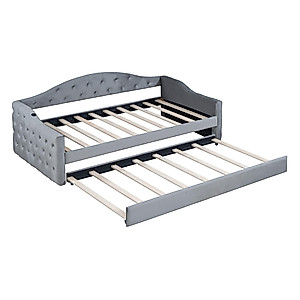 Harper & Bright Designs Twin Daybed with Trundle and USB & Type-C Charging Ports, Modern Upholstered Daybed Frame, Velvet Twin Sofa Bed Frame for Living Room, Bedroom, Gray