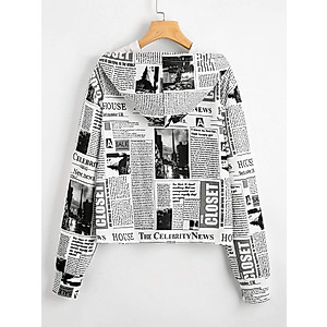 WDIRARA Women's Newspaper Print Long Sleeve Drawstring Hoodie Casual Sweatshirts Black and White L