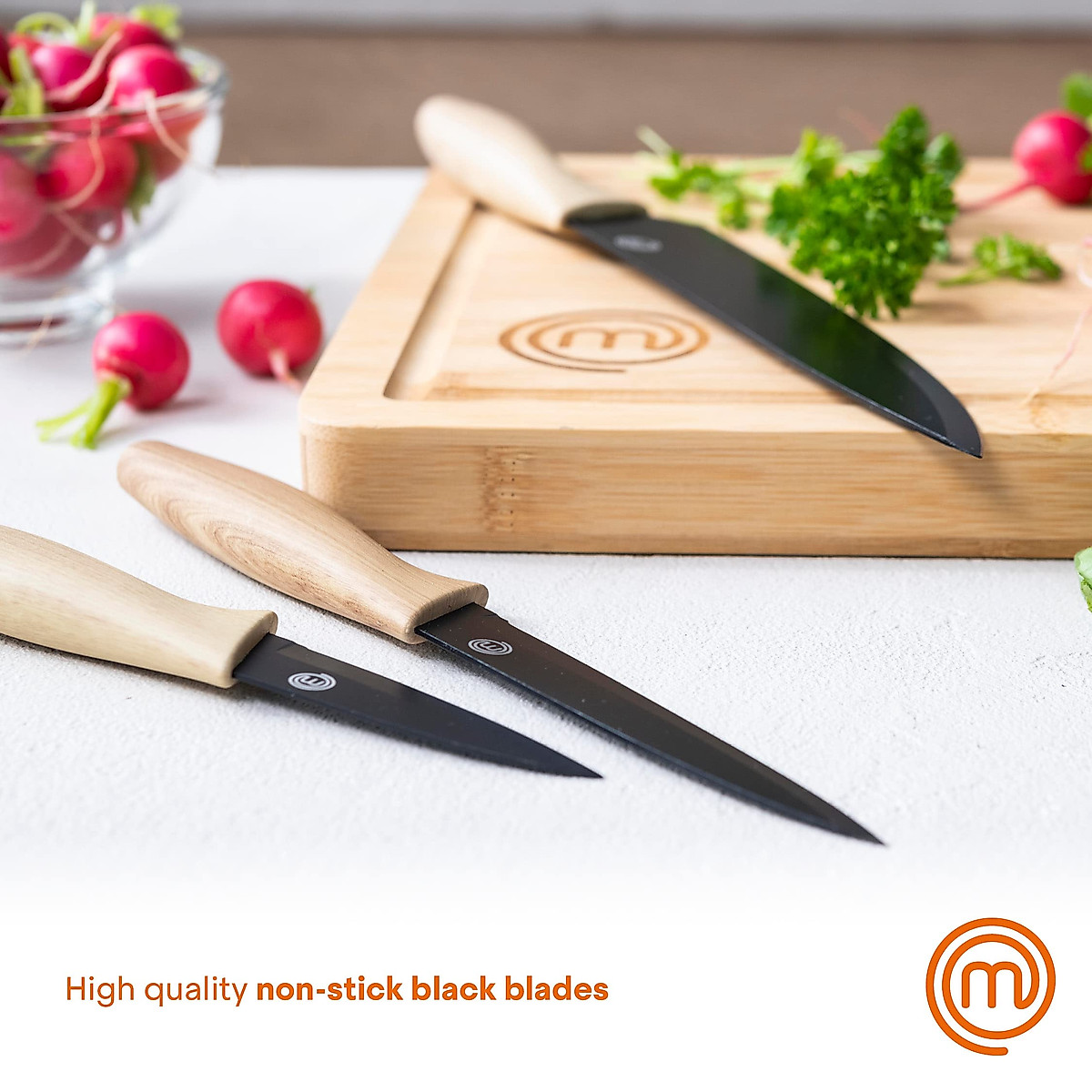 MasterChef Knife Set of 5 Kitchen Knives for Cooking (Paring, Utility, Bread, Carving & Chef Knives), Professional Sharp Stainless Steel, Non Stick Blades & Soft Touch Handles, Natural, 5 Piece