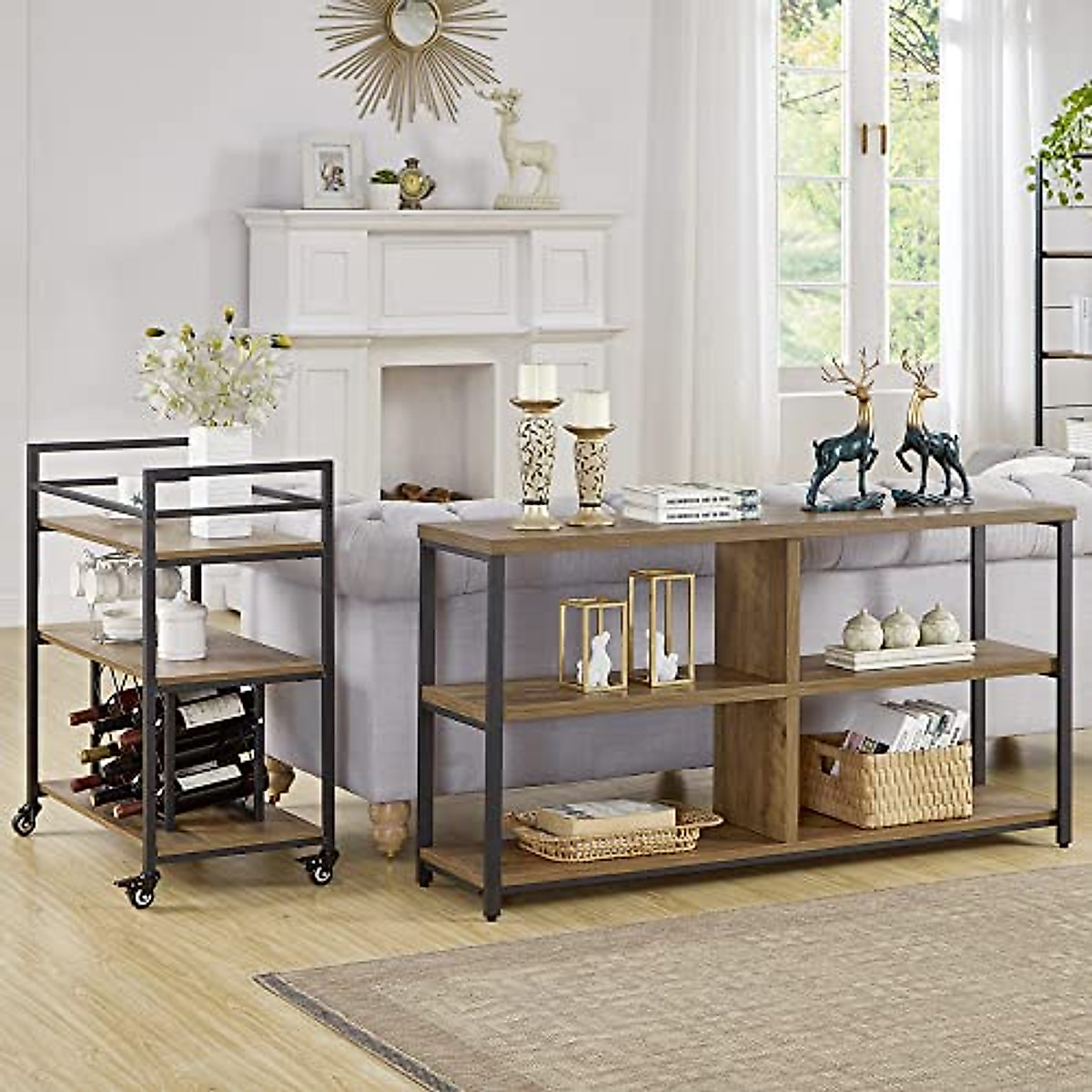 FOLUBAN Console Tables for Entryway, Rustic Wood and Metal Sofa Table, Hallway Tables with Storage Shelves for Living Room, Oak 55 inch