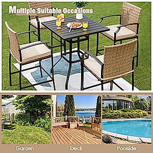 Tangkula 5 Pieces Outdoor Patio Bar Set, Rattan Bistro Set W/ 4 Wicker Bar Stools & 1 Bar Table, Heavy-Duty Steel Frame, Soft Cushions, Patio Conversation Set for Courtyard, Poolside, Garden (Beige)