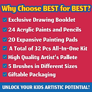 BFB Paint Set for Kids with Learn How to Draw Booklet - 32 Painting Supplies Kids Painting Kit, Premium Paint Kit for Children, Kids Paint Set Art and Painting Supplies Canvas Paint Set for Kids 7+