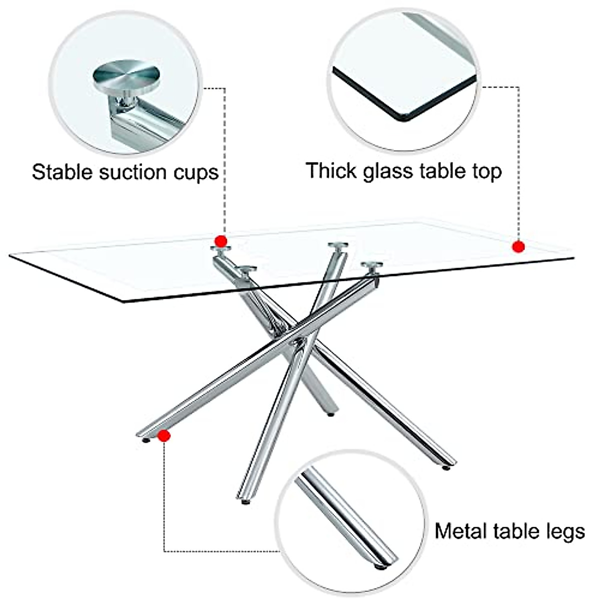 Ebullient 63" Glass Dining Table Set for 6 Modern Tempered Glass Top Dining Room Table with 6 Pcs White Faux Leather Dining Chairs，Kitchen & Dining Room Sets (Silver Base, White)