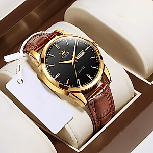 QBAIZI Mens Watches Black Face Day Date Gold Dress Watch for Men Brown Leather Band Classic Minimalist Analog Men's Wrist Watches Waterproof Reloj para Hombre