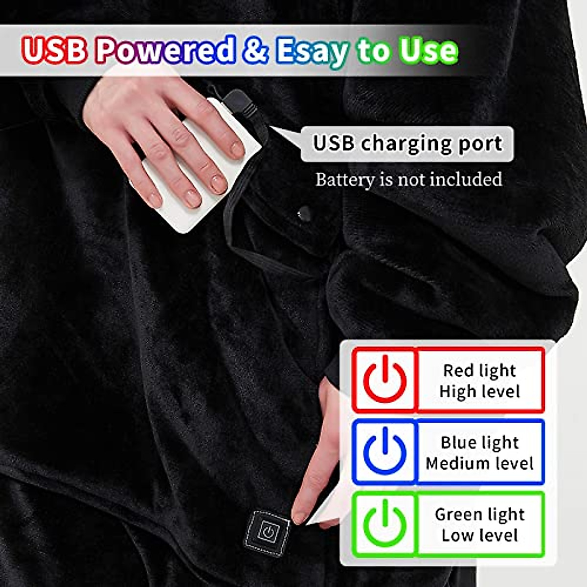 Electric Heated Wearable Blanket Hoodie, Oversized Blanket Sweatshirt for Women/Men Without Battery and Adapter (Black)