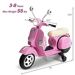 Costzon Kids Vespa Scooter, 6V Rechargeable Ride on Motorcycle w/Training Wheels, Key Switch, Music Horn Lights, Forward/Reverse, ASTM Certification, Gift for Children Boys Girls (Pink)