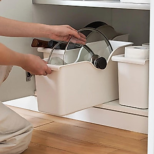 Typutomi Kitchen Cabinet Organizers and Storage, Plastic Pan Pot Holder Pot Cover Rack with Wheels Pantry Organizer Bathroom Storage Basket(White, M)