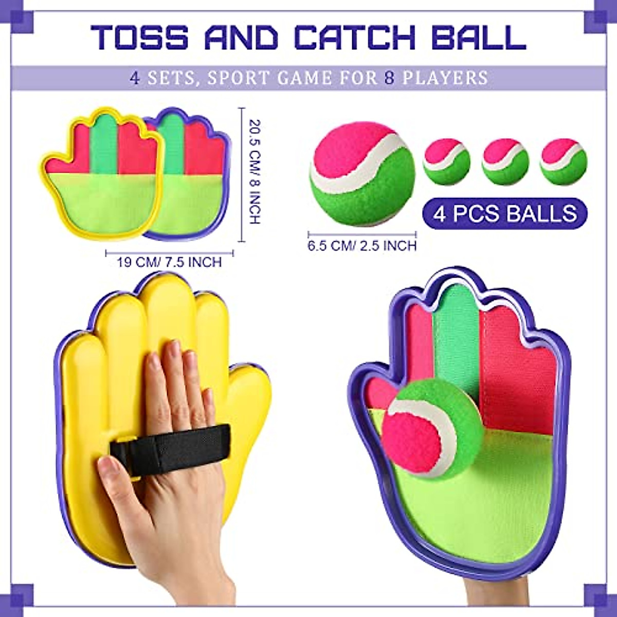 Toss and Catch Ball Game Set, 8 Paddles 4 Balls Beach Game Ball and Catch Game Set Outdoor Ball Games for Kids Adults Target Throw Catch Sticky Mitts Set for Backyard Lawn Playground