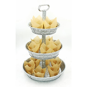 FRANK PRESSIE 3 Tiered Serving Stand Farmhouse Decor Galvanized Metal 3-Tiered Tray for Party Rustic Three Tier Grey Basket with 50pcs Tulip Cupcake Liners, Silver