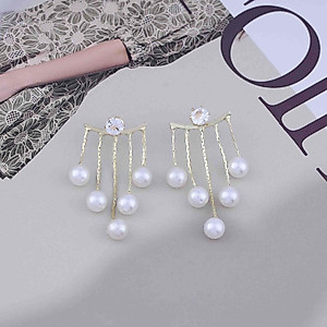 Sttiafay Vintage Crystal Pearl Drop Earrings Long Tassel Pearl Dangle Earrings Gold Cz Pearl Chain Earrings Cz Rhinestone Bridal Earrings Jewelry for Women and Girls