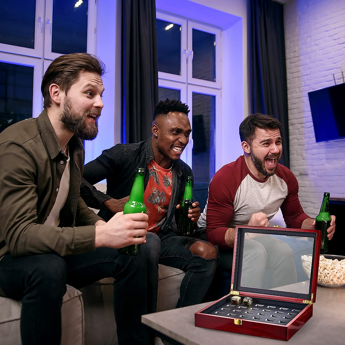 Championship Ring Display Case Wooden Baseball Ring Display Case Box Sports Baseball Ring Holder Championship Ring Box with PU Leather Lining for Multiple Rings, 30 Holes