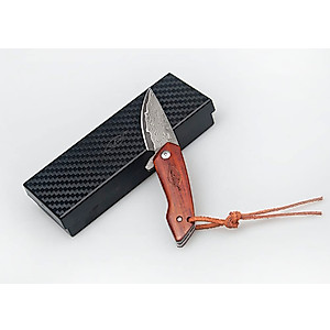 ILEAF Damascus Steel Folding Pocket Knife 2" Blade 3" Folded 5" Open, Liner Lock with Rosewood Handle Great for Camping Fishing Hiking