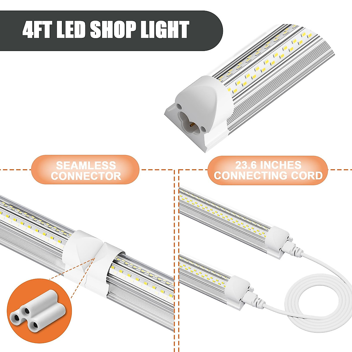 ONLYLUX 4ft led Shop Light - 45W 6750lm 5000K 4 Foot V Shape Integrated T8 led Lights,Linkable Shop Lights 48" T8 Garage Lights 8 Pack