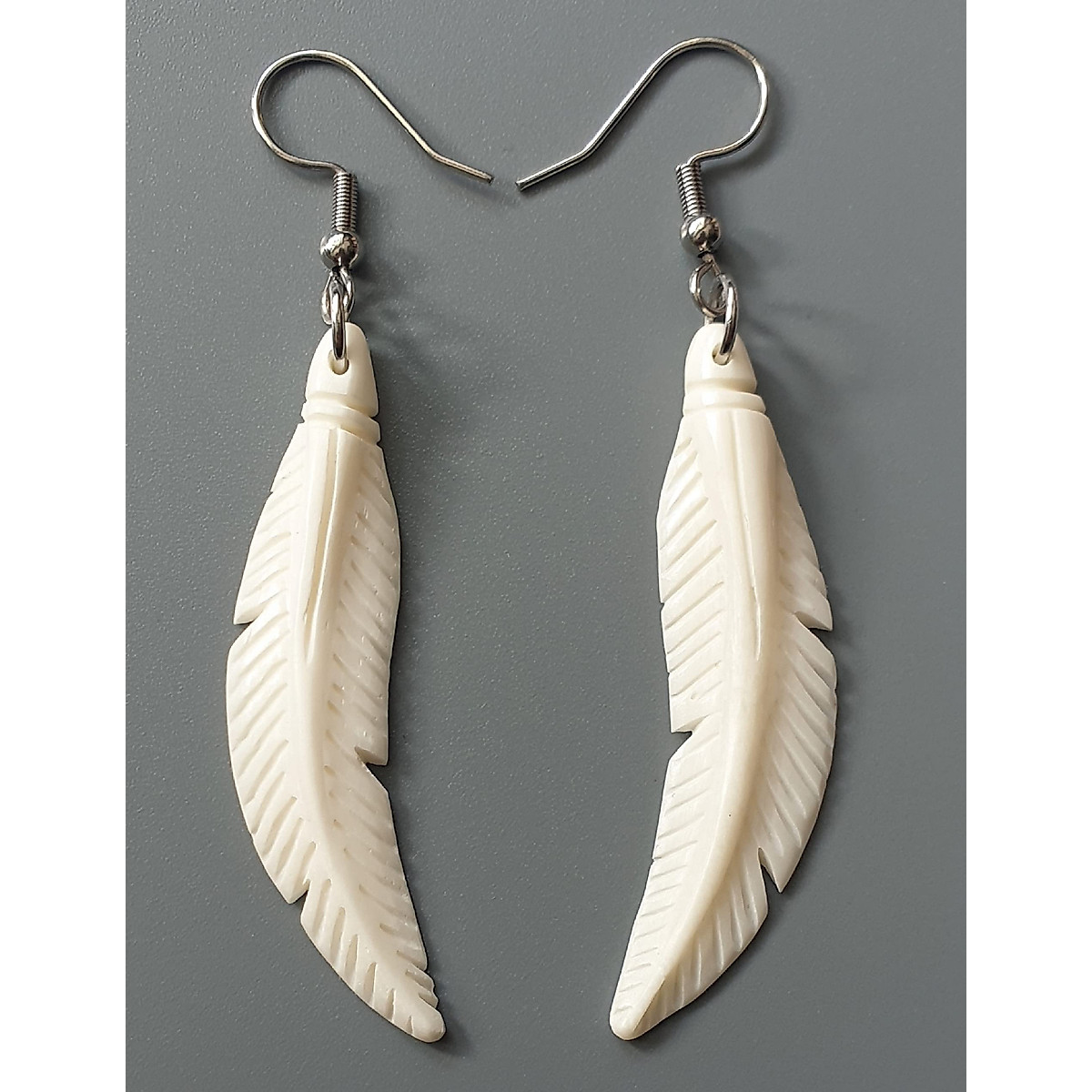 Swimmi 2.4 inch Bone Feather Earrings, Hand Craved Feather Bone Earrings, Handmade Dangle Drop Hook Bone Jewelry FA026