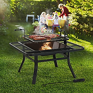 Sunjoy 38 in. Fire Pit for Outside, Square Wood Burning Firepit Large Steel Fire Pits with Adjustable Cooking Swivel BBQ Grill and Fire Poker Black