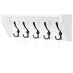 Dseap Wall Shelf with 5 Tri Hooks, 24" Heavy Duty Coat Rack Wall Mount with Shelf, Shelf with Hooks Underneath for Entryway, Mudroom, Kitchen, Bathroom, White & Black,D02ZT24WHT1