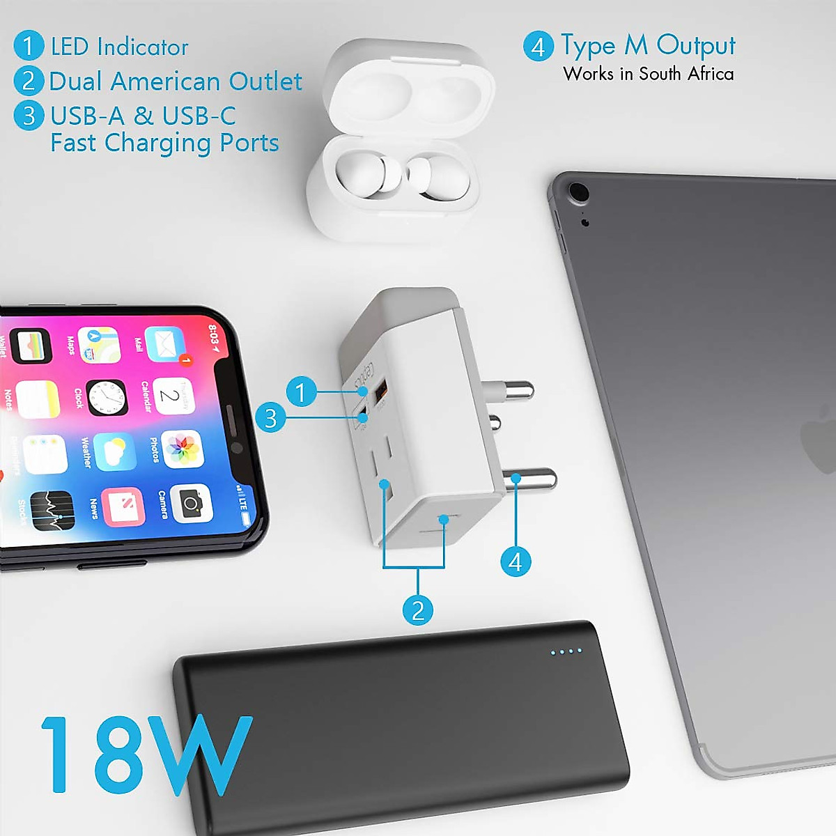 Ceptics South Africa Power Plug Adapter Travel QC 3.0 & PD, Safe Dual USB & USB-C - 2 USA Socket Compact & Powerful - Use in S. Africa Botswana - Type M AP-10L - Fast Charging