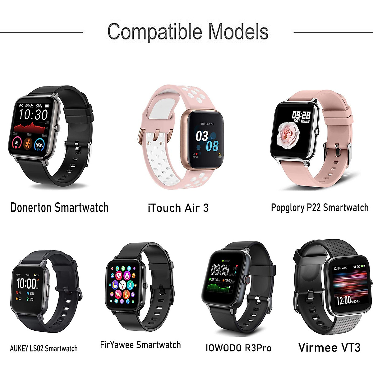 Compatible for Popglory Smartwatch Band, Youkei Genuine Leather Replacement Strap Watchband Compatible for Popglory P22 / Donerton Smartwatch / FirYawee Smartwatch / Virmee VT3 / itouch air 3 40mm (Black)