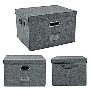 JSungo File Box with 5 Hanging Filing Folders, Document Organizer Storage for Office, Collapsible Linen Storage Box with Lids, Home Portable Storage with Handle, Letter Size Legal Folder, Dark Gray