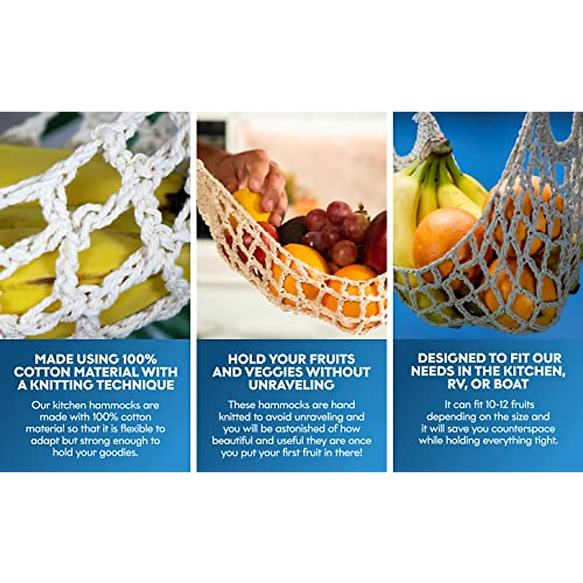2 Pack Hanging Fruit Hammock - 2 Handwoven Cotton Produce, Banana, Macrame Fruit Hammocks For Kitchen Under Cabinet + 4 PCS Hooks - Storage That Saves Counter Space at Home, Boat, or Rv