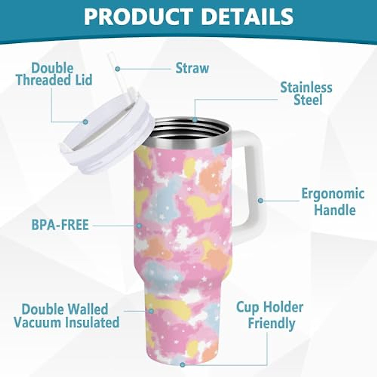Caikeny Insulated Tumblers with Lid and Straw Tie Dye Pastel Colorful 30 oz Reusable Stainless Steel Cup Star Water Bottle Coffee Travel Tumbler Mug for Women Men