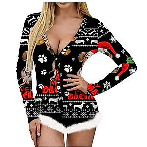 MEOILCE Women’s Christmas Bodysuit Lingerie for Sex Naughty Print Fuzzy Trim Teddy Babydoll Sexy Backless Exotic Pajamas(Black,M)