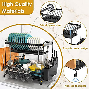 heesky Dish Drying Rack, Rustproof 2 Tier Dish Rack, Large Capacity Dish Drainer Rack with 2 Drainboard Tray and Utensil Holder for Kitchen Countertop (Black)
