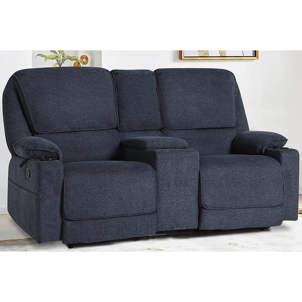 KIGOTY Loveseat Recliner Sofa,2 Seat Reclining Loveseat,Manual Recliner Sofa,Home Theater Seating with Storage Console，RV Love Seat Couch Chair with 4 Cup Holders,Navy Blue