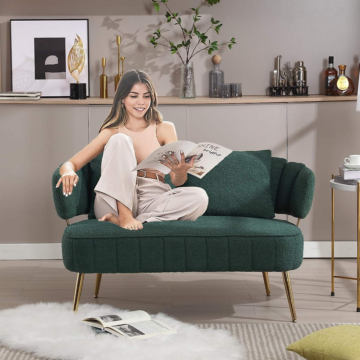 Modern Polyester Loveseat Couch,Futon Small Sofa with Pillow 2-Seater Upholstered Mini Sofa Couches for Small Space Living Room Bedroom Office Dorm Studio Apartment Love Seat Couche (Emerald)