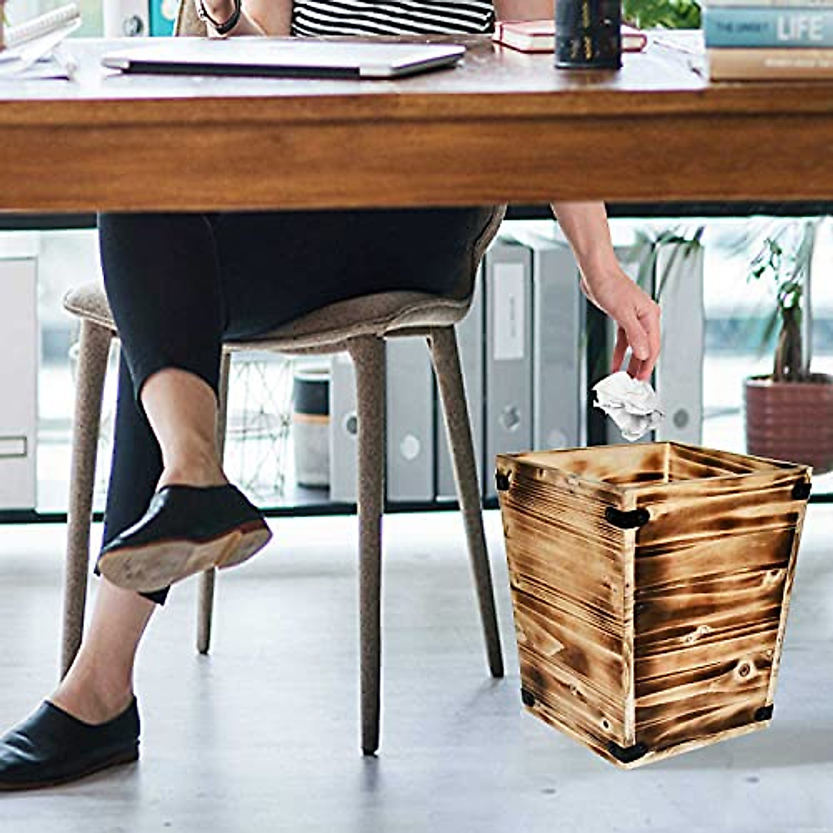 Owlgift Decorative Rustic Burnt Wood Trash Can, Farmhouse Stylish Wooden Waste Basket Near Desk, Square Garbage Cans Trashcan with Metal Brackets for Office, Bedroom & Bathroom