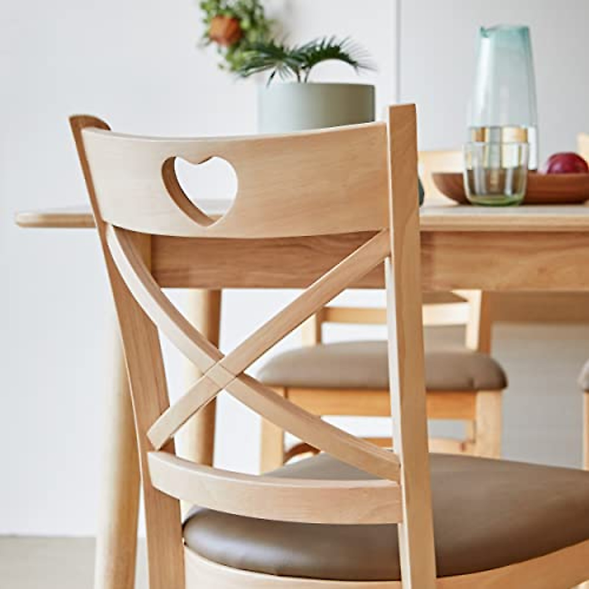 Livinia Heart X-Back Dining Chair Set of 2, Solid Malaysian Oak PU Leather Upholstered Cushion Seat Wooden Cross Back Side Chairs (Natural-Oak)