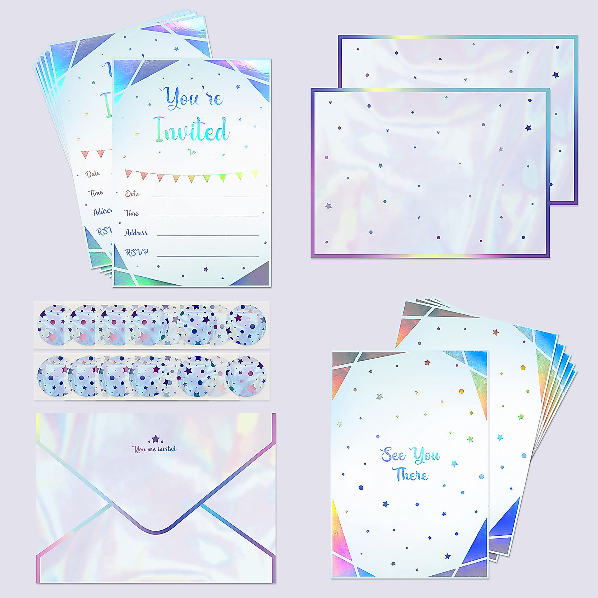 Cheerland 12 Set Iridescent Invitation Card Holographic Invites Birthday Party Wedding Bridal Shower Graduation Sweet 16 Bridal Shower Bachelorette Party Supplies
