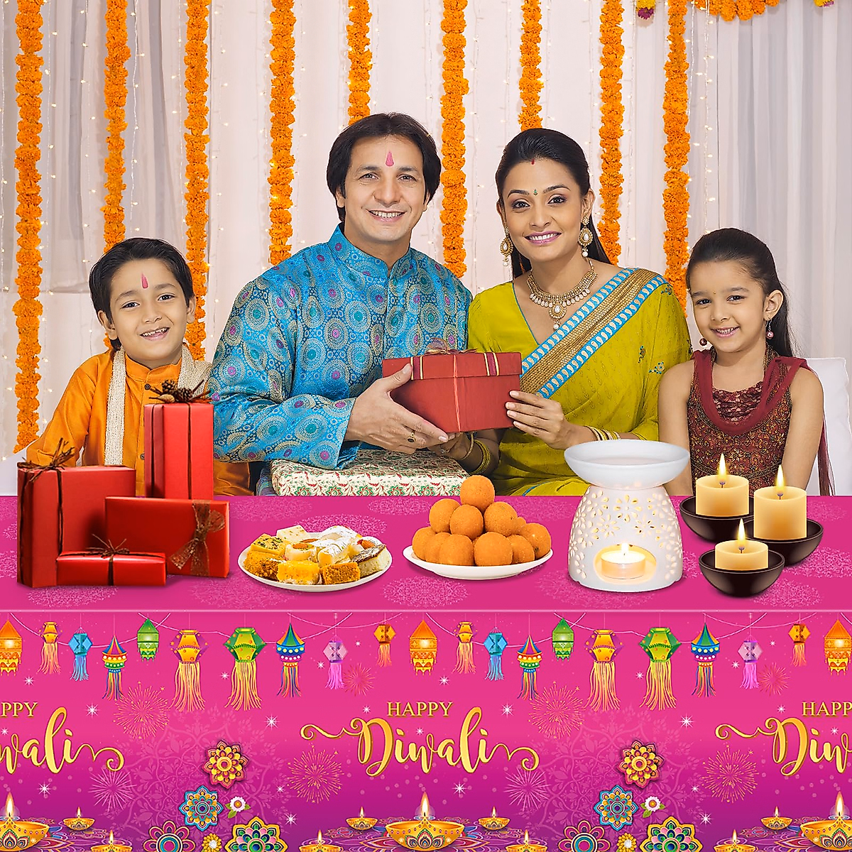 3 Pack Happy Diwali Disposable Tablecloth, Festival of Lights Plastic Table Cover for Rectangle Tables, Diwali Table Cloth for Indian Diwali Light Celebration Party Supplies Decorations, 54×108 Inch