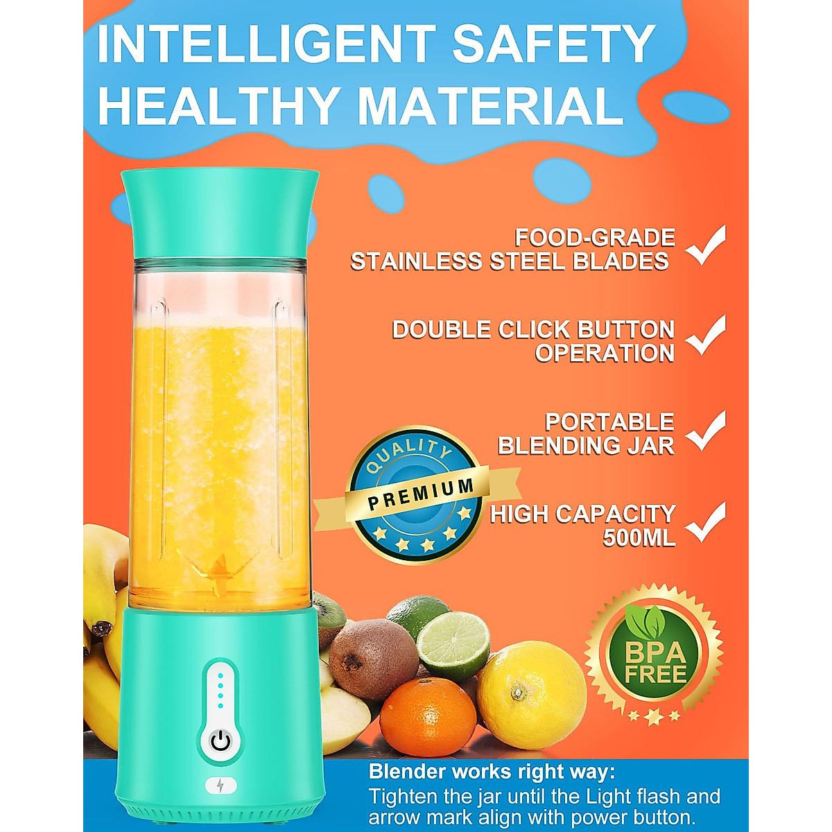 Portable Blender for Shakes and Smoothies, 17 Oz Personal Size Blenders 6 Blades Portable Blender, 4000mAh USB Rechargeable Personal Blender with BPA Free, Mini Blender for Sports/Travel/Home/Gym