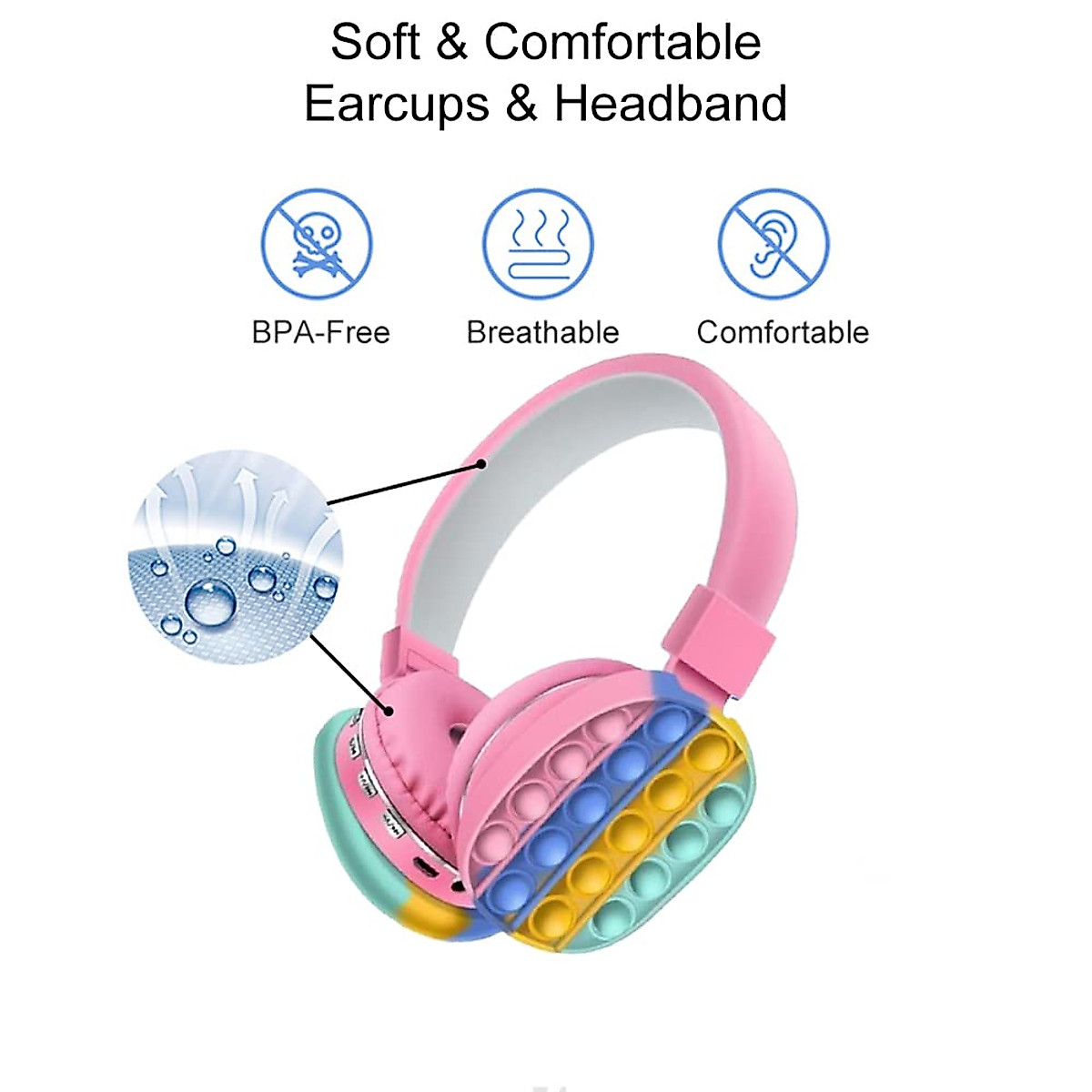 eDealz Wireless or Wired Bluetooth 5.2 Rechargeable Over The Ear Headphones with Silicone Fidget Pop Bubbles Microphone, Powerful Surround Stereo Bass and Passive Noise Cancelling (Pink)