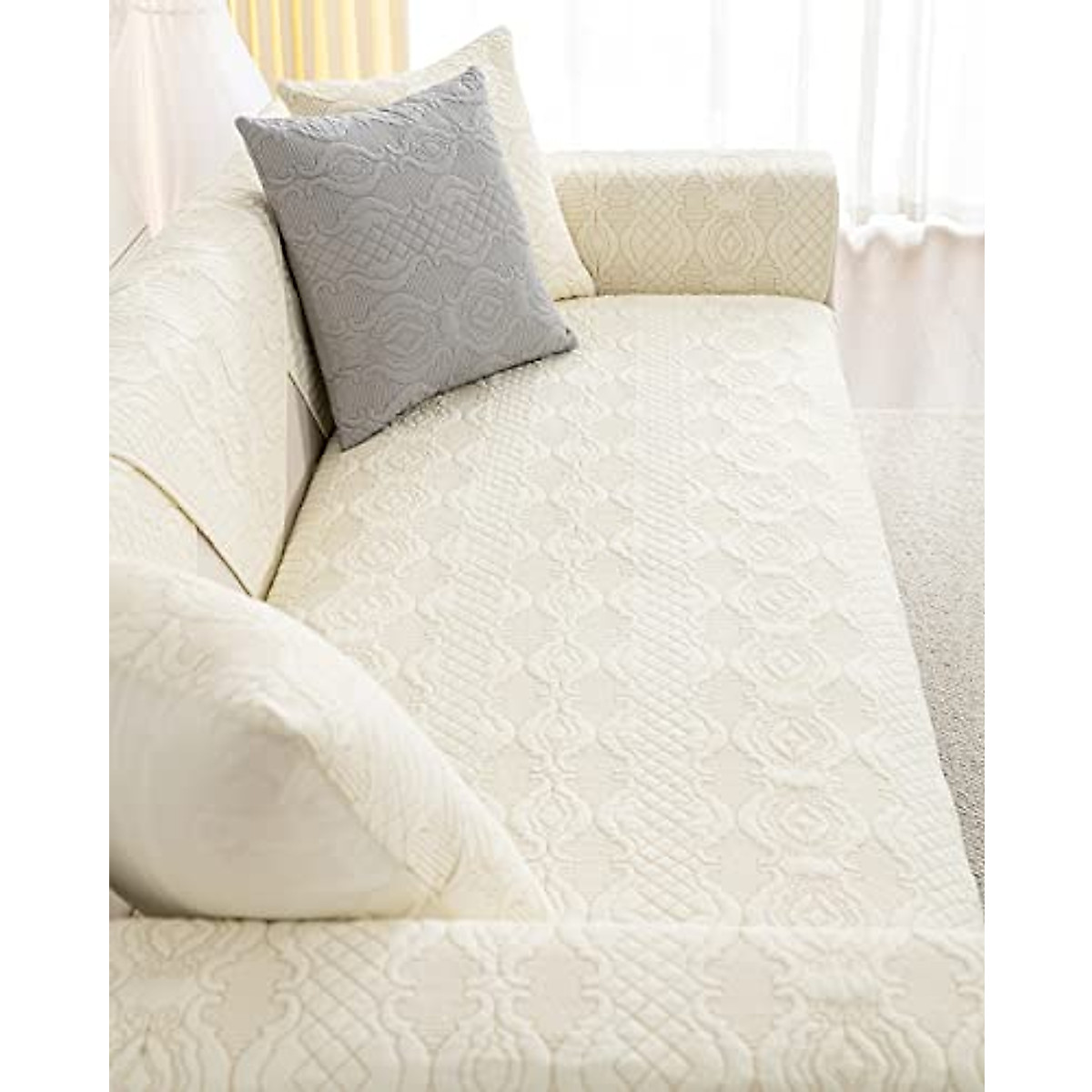 vctops Vintage Embroidered Cotton Sofa Couch Covers Soft Quilted Sectional Couch Cover Non Slip Sofa Slipcover for Dogs, Children, Pets Furniture Protector (Cream,36"x82")