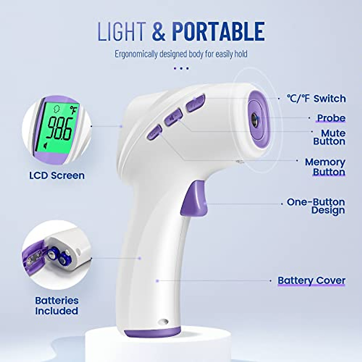 GoodBaby No-Touch Digital Forehead Thermometer, Infrared Thermometer for Adults, Kids & Babies, 1 Second Measurement, Fever Alert and 35 Sets Memory, Purple