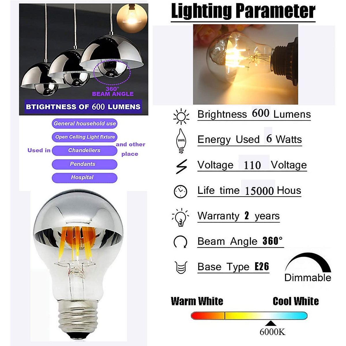 Edearkar A19 Half Chrome Light Bulb 6W Dimmable, E26 Base Daylight White 6000K 60W Equivalent 600lm Decorative Silver Mirror LED Edison Bulb for Indoor Living Room, AC110V, E26 Base, Pack of 4