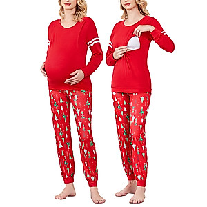 Ekouaer Women's Nursing Pjs Long Sleeve Maternity Pajamas Set X-Mas Pregnancy Breastfeeding Sleepwear Loungewear Christmas Red S