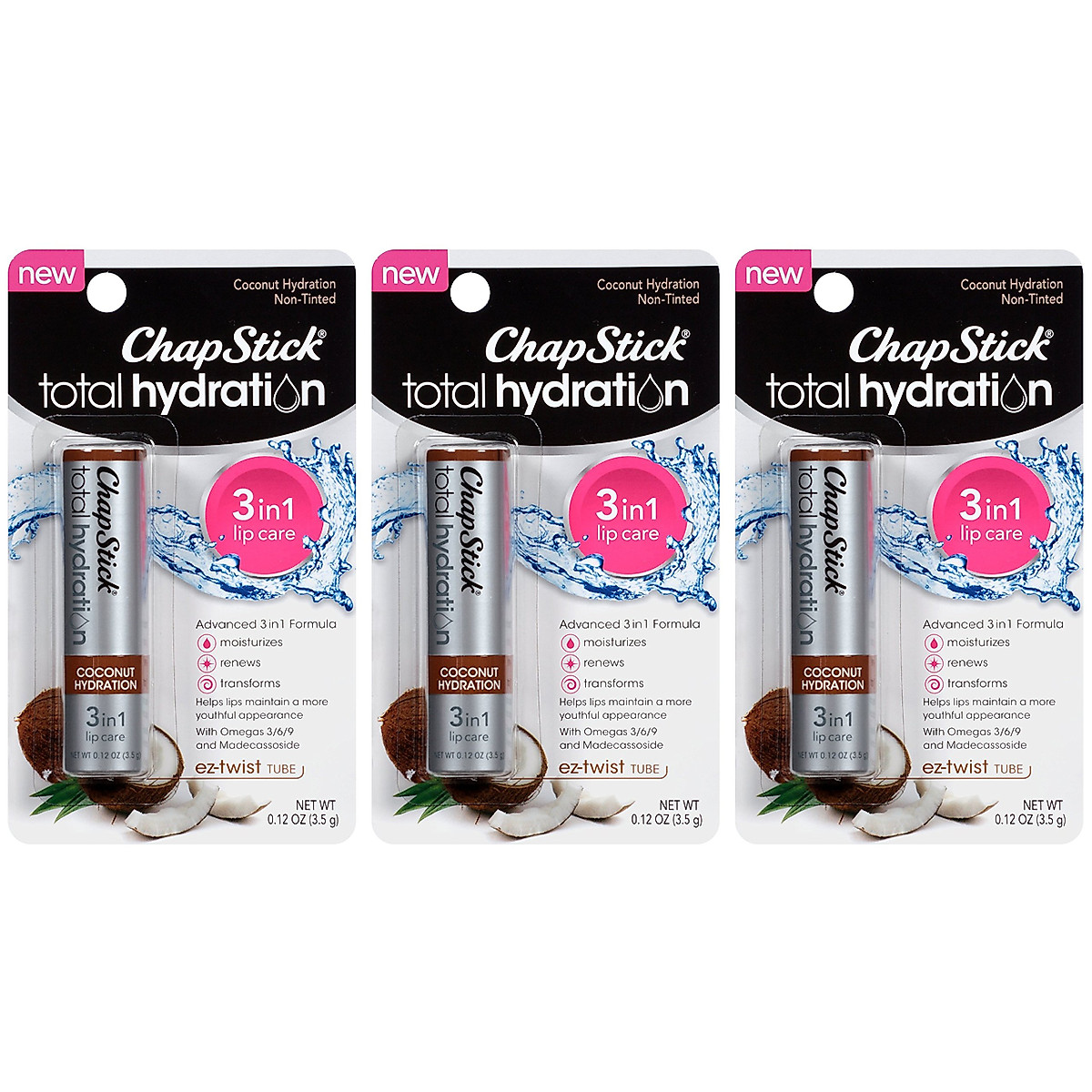 ChapStick Total Hydration 3-in-1 Lip Balm, Coconut Hydration, 0.12 Ounce (Pack of 3)